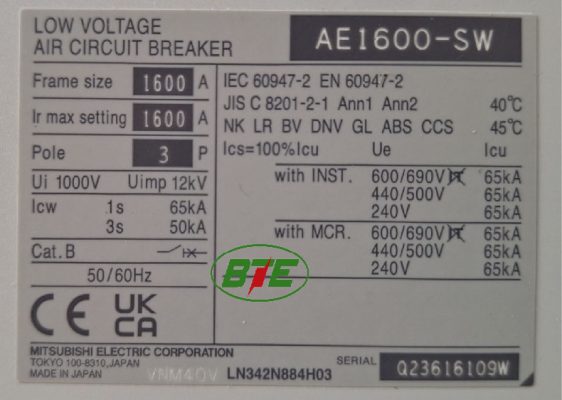 Máy cắt ACB AE1600-SW 3P 1600A 65kA loại cố định Mitsubishi