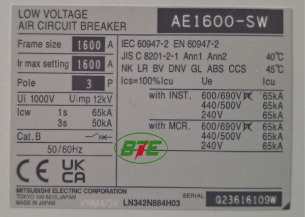 Máy cắt ACB AE1600-SW 3P 1600A 65kA loại cố định Mitsubishi