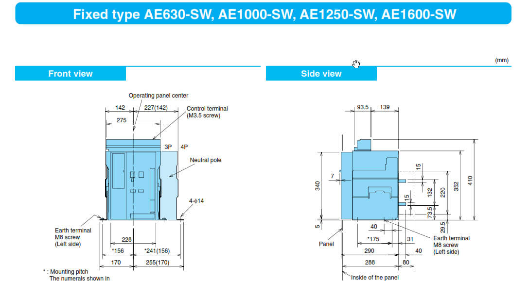 Máy cắt ACB AE1600-SW 3P 1600A 65kA loại cố định Mitsubishi