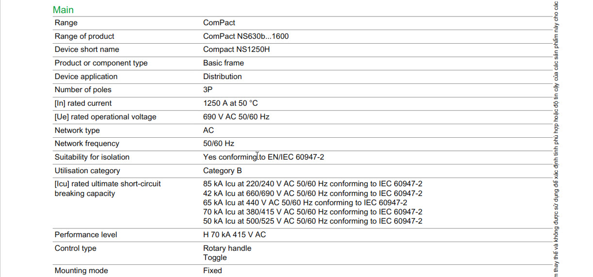 Aptomat MCCB 3P 1250A 70kA Compact NS1250H Schneider