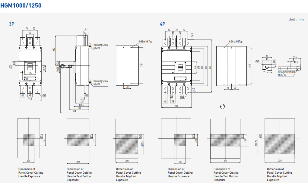Aptomat MCCB HGM1250S 3P 1250A 70kA Hyundai