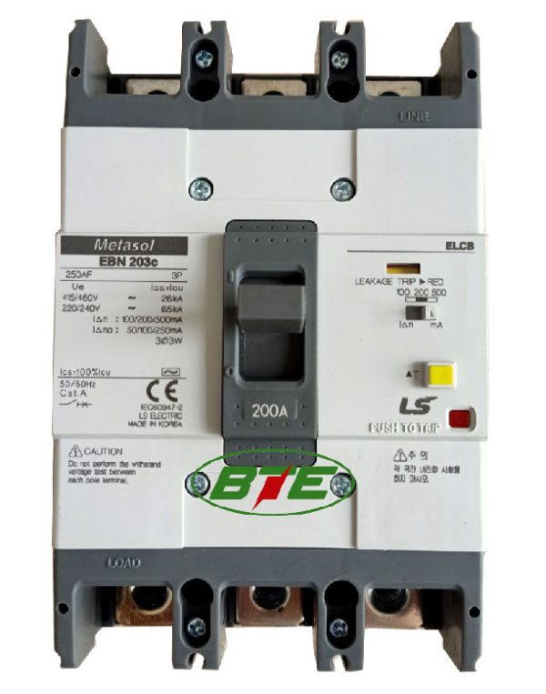 Aptomat ELCB EBN203c 3P 200A 30mA và 100/200/500mA 26kA LS